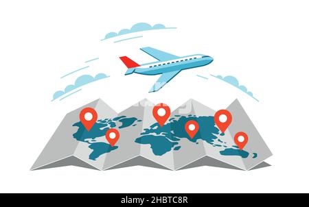 World map with pointers and flying plane. Travel, vacation concept. Flat style vector ...