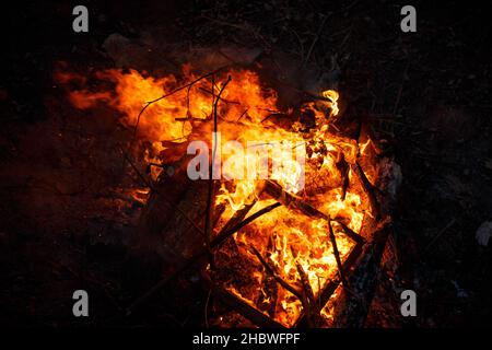 Beautiful night bonfire, colorful fire top view Stock Photo - Alamy