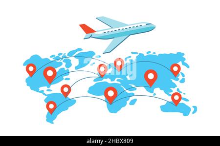 World map with pointers and flying plane. Travel, vacation concept. Flat style vector ...
