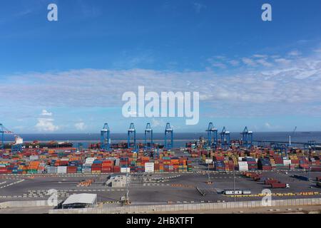 An aerial shot of a seaport in Ghana under the cloudy skies Stock Photo ...