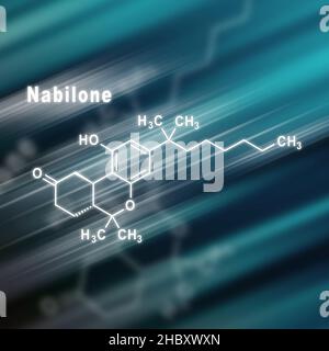 Nabilone synthetic cannabinoid, Structural chemical formula on a white ...