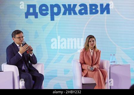 Ukrainian Minister of Foreign Affairs Dmytro Kuleba speaks to the press ...