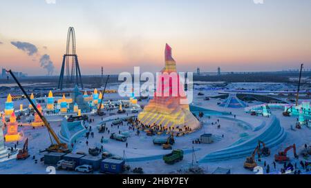 Aerial photo shows the Harbin Ice-Snow World in Harbin City, northeast ...