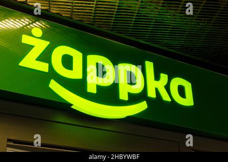 Żabka shop signboard with brand logo sign. Zabka chain of small ...