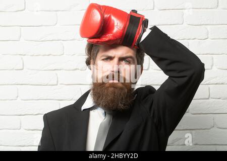 Hard business. Funny tired boxer businessman, business battle. Business ...