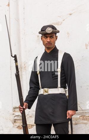 A ceremonial Gurkha soldier in the traditional Gurhka uniform guards ...