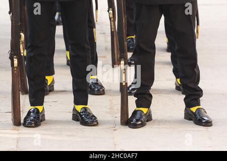 Gurkha soldiers in vintage traditional uniforms form ranks at the ...
