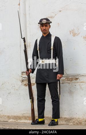 A ceremonial Gurkha soldier in the traditional Gurhka uniform guards ...