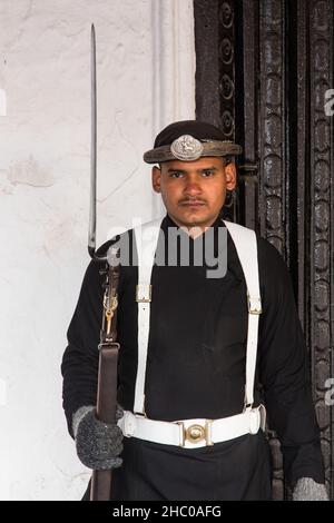 A ceremonial Gurkha soldier in the traditional Gurhka uniform guards ...