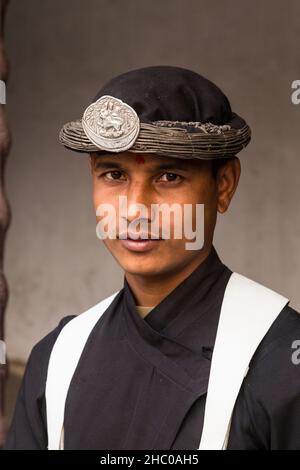 A ceremonial Gurkha soldier in the traditional Gurhka uniform guards ...