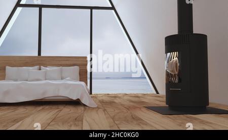 Minimalistic interior of a small contemporary hut with fireplace and ...