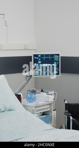 Nobody in hospital ward with heart rate monitor and bed for healthcare ...