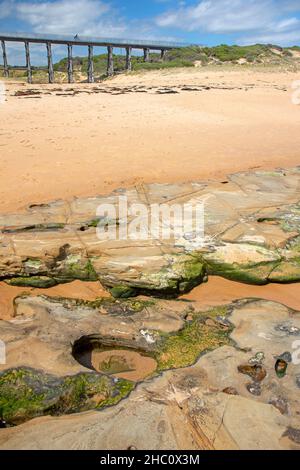 Trestle bridge above Kilcunda beach on the Bass Coast Rail Trail Stock ...