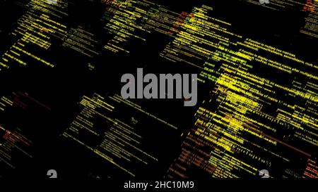 Abstract symbols flying diagonally on black screen background. Computer program codes running in ...