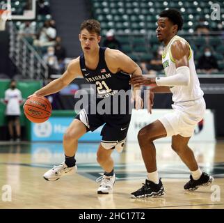 Brigham Young guard Trevin Knell (21) shoots against Houston guard ...