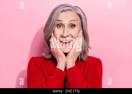 Portrait of beautiful trendy cheery amazed girl using laptop showing ...