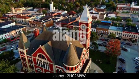 Aerial view at sunset of Historic 1844 Courthouse with clock tower in ...