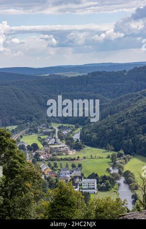 Aerial view, town of Bourscheid with its houses, a rural road and a ...
