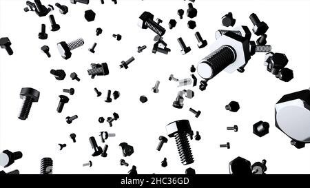 Animation of flying bolts on white background, 3D. Bolts on white ...