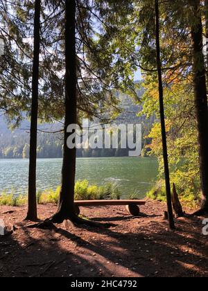 Beautiful landscape with St. Ana Lake in Romania, volcanic lake in ...