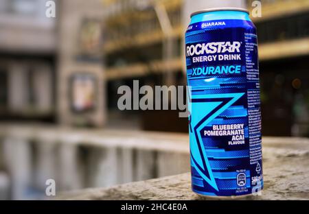 Blue Rockstar Energy Drink can with El Mango juice flavor taste on ...