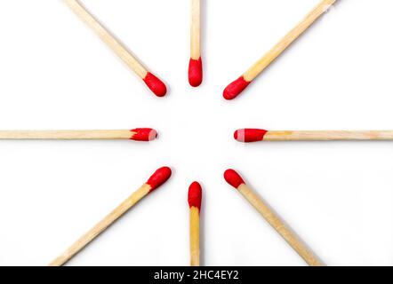 Matchsticks radially spaced on a white background. Different angle ...