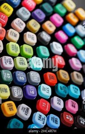 Professional sketching markers of different colors in a bag on a dark ...