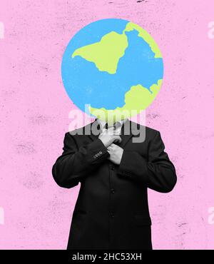 Man with Earth instead head in winner posture Stock Photo - Alamy