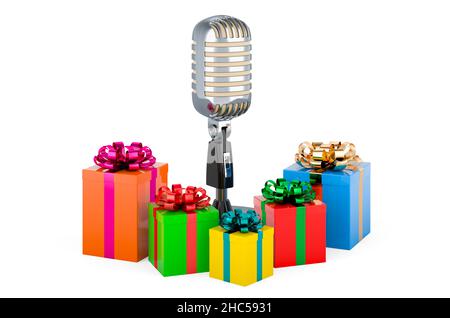 Gift boxes with microphone, ribbon and bow isolated on white background ...