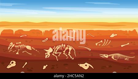 Cartoon archaeological fossil of dinosaurs skeletons, reptiles, sea ...