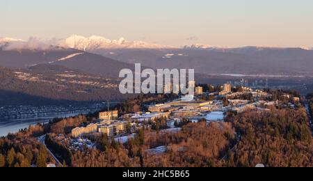 Aerial view of Simon Fraser University, SFU, on Burnaby Mountain Stock ...
