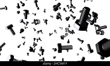 Animation of flying bolts on white background, 3D. Bolts on white ...