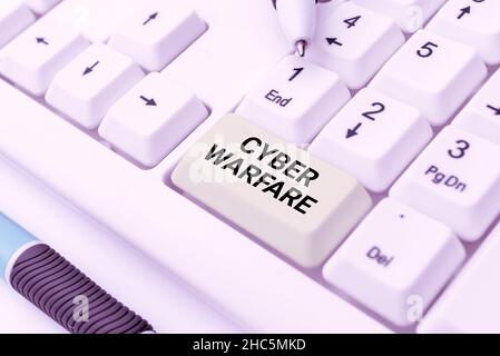 Handwriting text Cyber Warfare. Concept meaning Virtual War Hackers ...