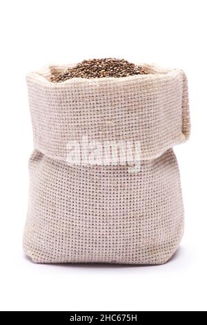 pouch full of Organic natural chia seeds on dark wooden background or ...