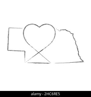 Nebraska US state map pencil sketch. Nebraska outline contour map with ...