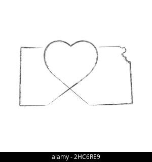 Kansas US state map pencil sketch. Kansas outline contour map with 3D ...