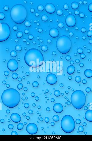 Large and small water droplets viewed from above on a blue background ...