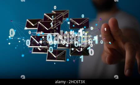 Male's hand pointing to a bunch of illustrated blue email signs Stock ...
