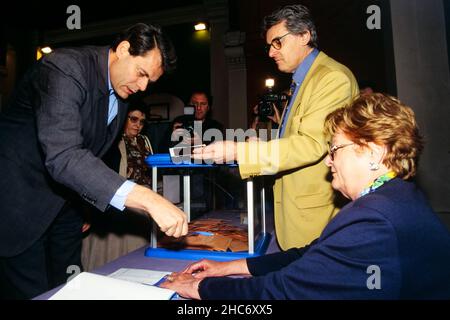 Lyons Mayor, Michel Noir voting in Lyon in the company of his wife, Danielle, Lyon, Central ...