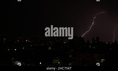 Lightning storm over the city of Maputo at night. Mozambique, November ...