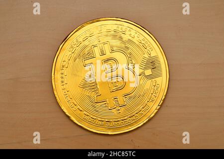 Crypto currency Gold Bitcoin with chocolate euro, BTC, macro shot of ...