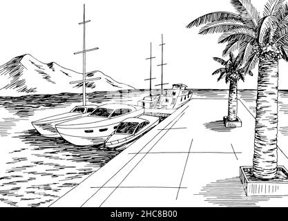Seafront pier graphic yacht black white landscape sketch illustration ...