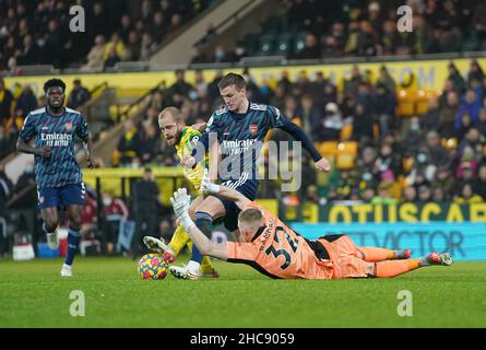 Arsenal goalkeeper Aaron Ramsdale saves from Liverpool's Ibrahima ...