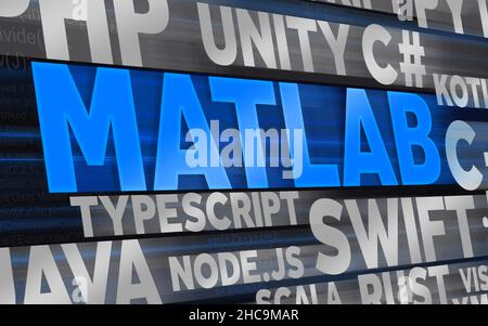 Programming languages names written over the code script. Conceptual scene in perspective view ...