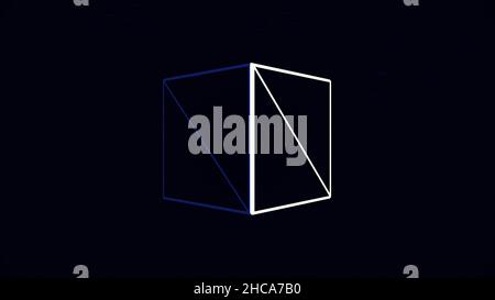 White cube edges rotating on black background. Abstract spinning ...