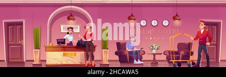Guests and staff in luxury hotel lobby with reception desk, table with ...