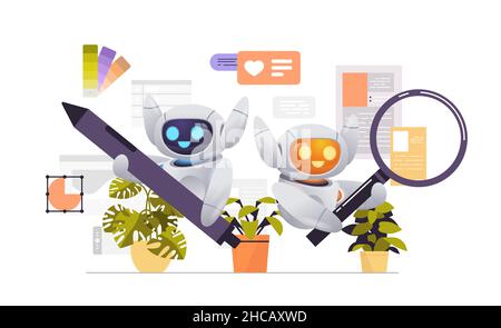 robots digital designers programmer and analyst team working together robotic developers ...