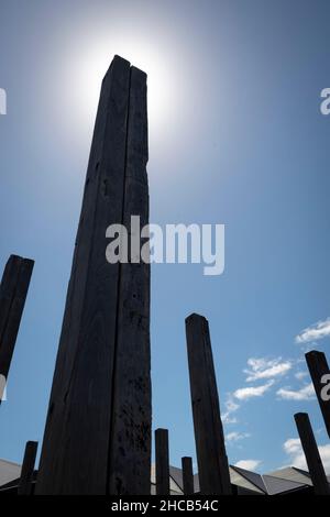 Vertical posts, art installation, Odlin's Plaza, Wellington waterfront ...