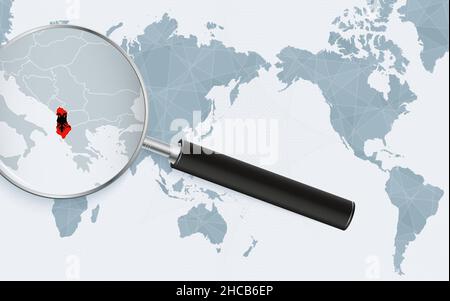 World map with magnifying on Albania. Blue earth globe with Albania flag pin. Zoom on Albania ...