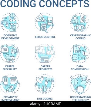 Web developer blue linear icons set. Programming, coding and UI ...